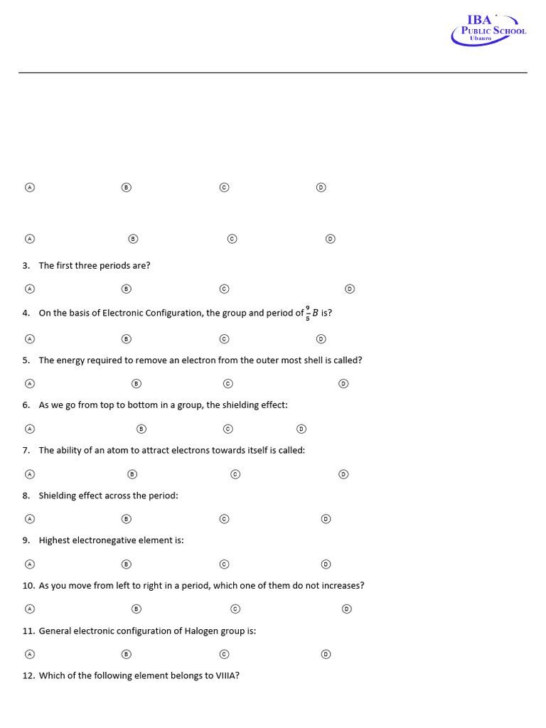 Chemistry Class 9th MCQs. | PDF | Periodic Table | Chemical Elements