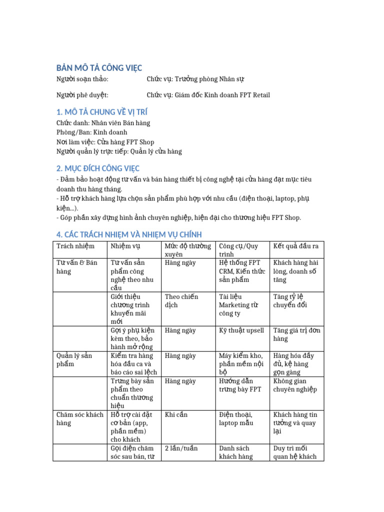 MTCV NhanVienBanHang FPT | PDF
