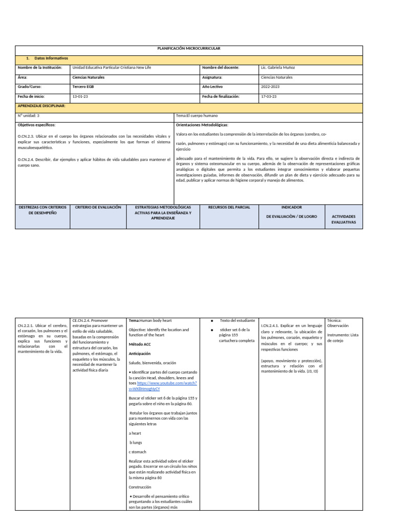 3 Egb CCNN Unit 4 Plan Microcurricular | PDF | Evaluación | Aprendizaje