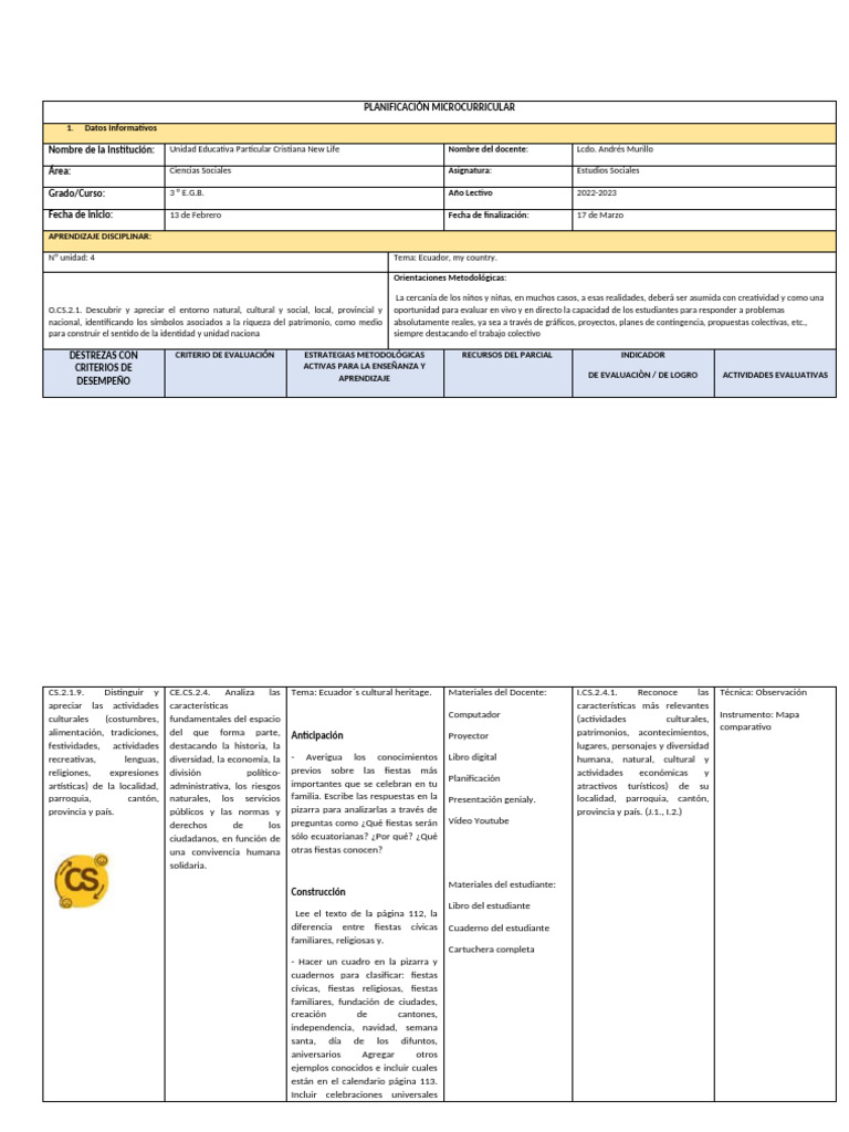 3º EGB 5 UNI. Plan Microcurricular | PDF | Evaluación | Enseñando