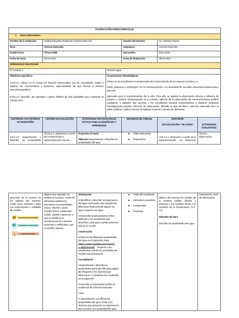 3 Egb CCNN Unit 5 Plan Microcurricular | PDF | Agua | Importar