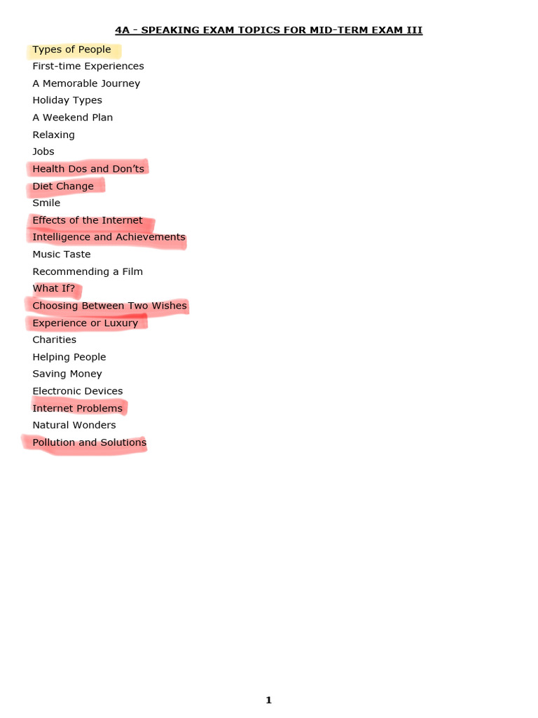 Mid-Term Speaking Exam Topics List | PDF