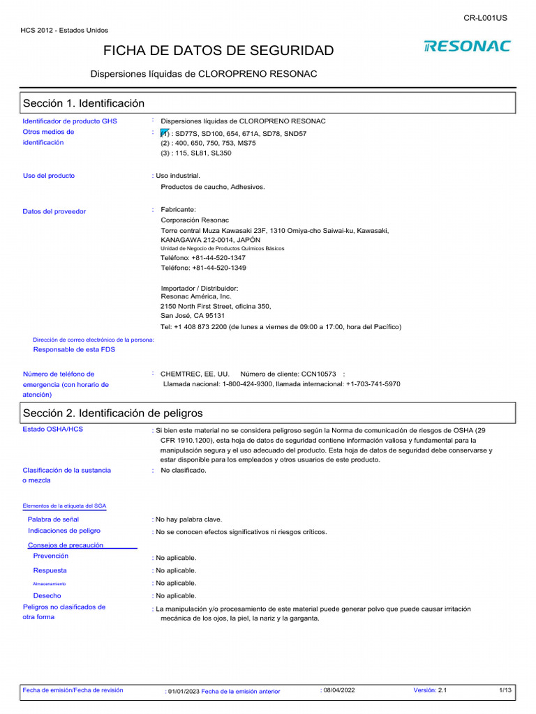 Ficha de Seguridad Cloropreno Resonac | PDF | Residuos | Agua