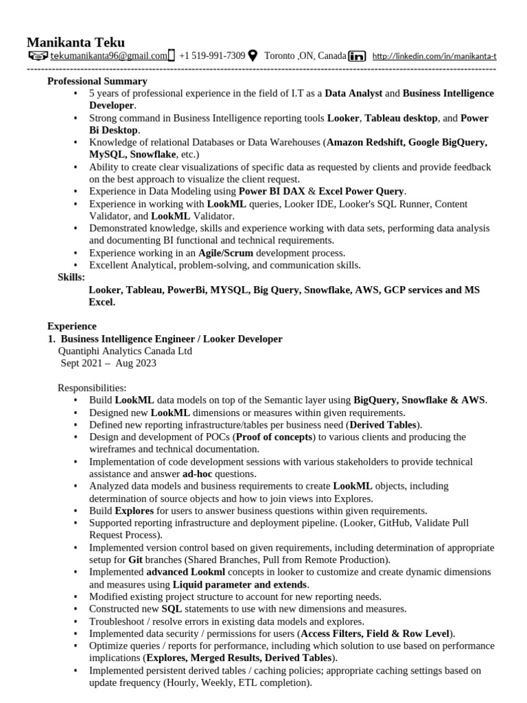 Manikanta Teku - Looker Developer Resume-1 | PDF | Business Intelligence | Data Analysis