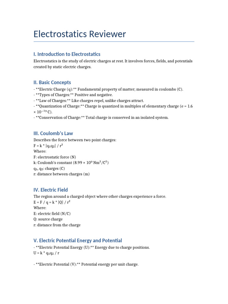 Electrostatics Reviewer | PDF