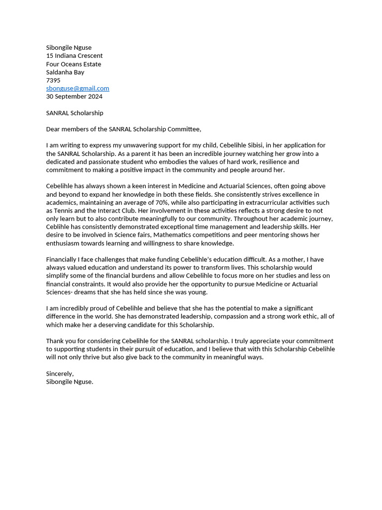 Parent Motivation Letter for SANRAL Scholarship | PDF