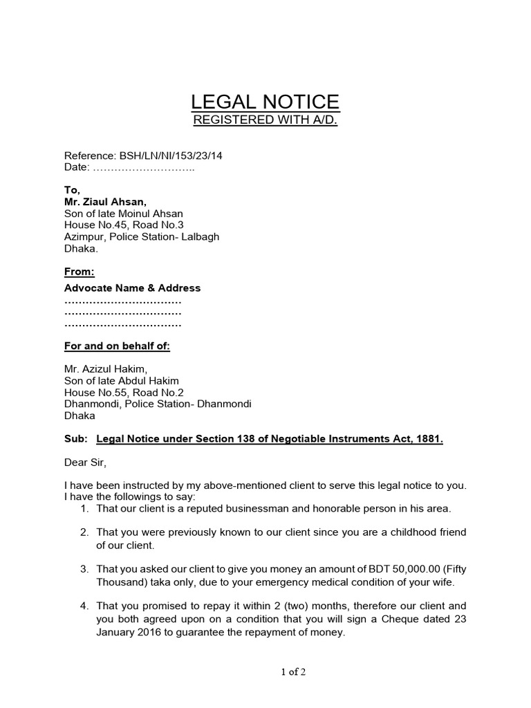 Legal Notice - Sec 138 NI Act | PDF | Justice | Crime & Violence