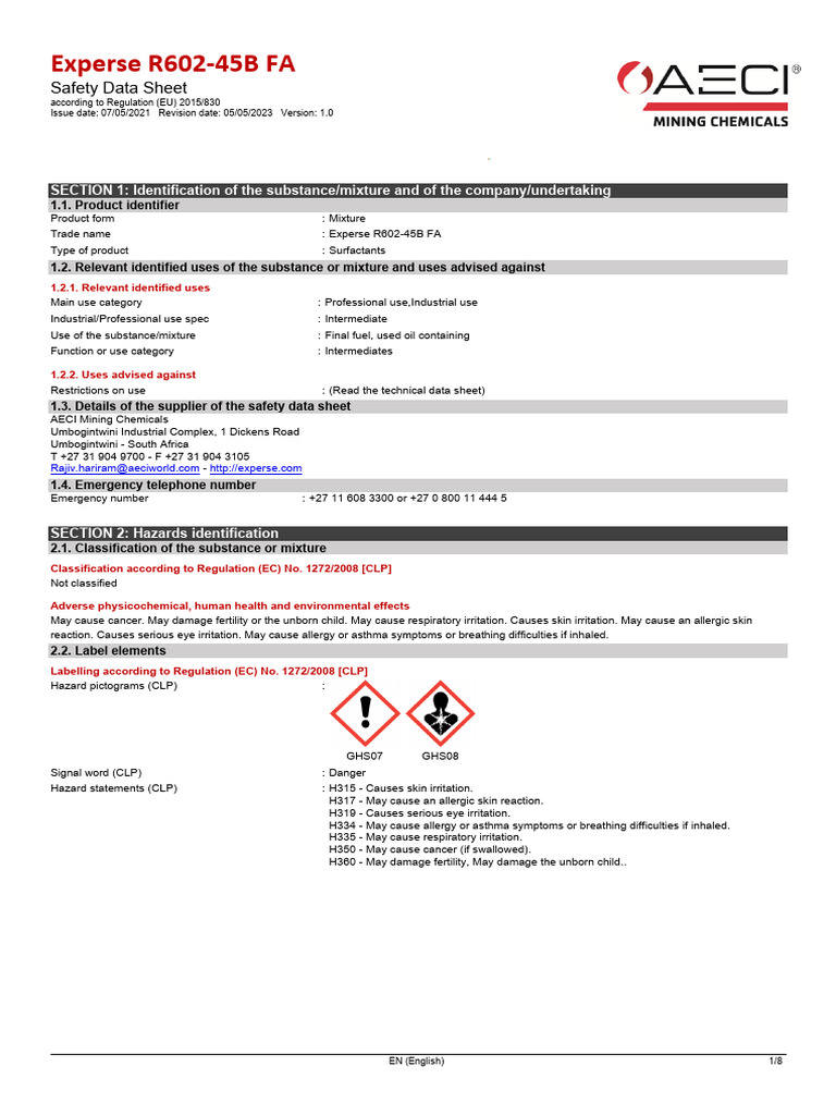 Experse R602-45B FA Safety Data Sheet | PDF | Dangerous Goods ...