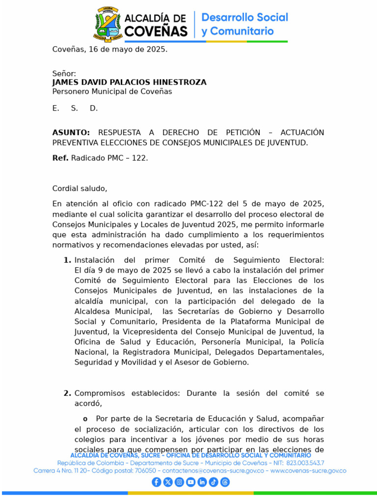 Respuesta Oficio Radicado PMC - 122 - Personeria | PDF | Gobierno