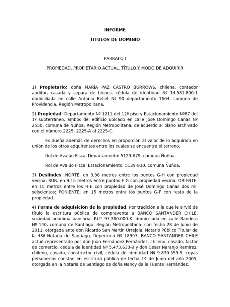 INFORME ESTUDIO DE TITULOS A. URRA | PDF | Santiago | Condominio
