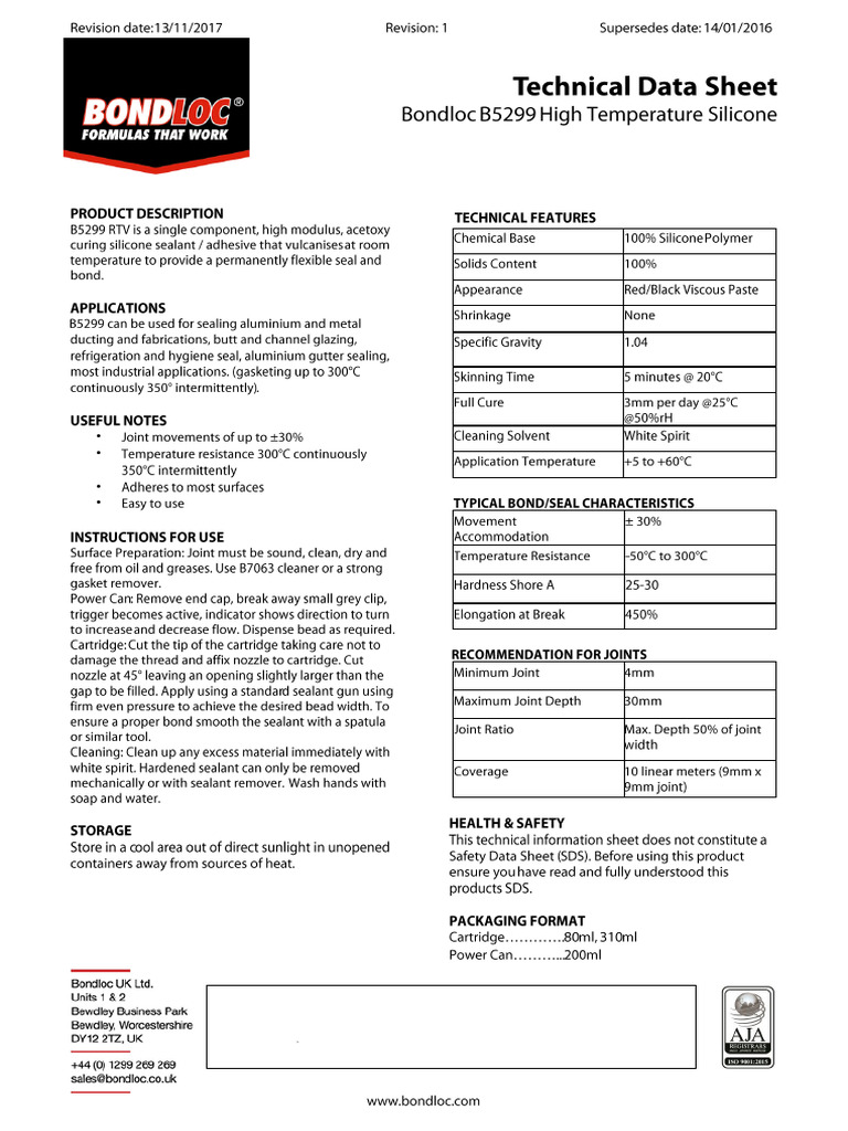 Bondloc B5299 High Temperature Silicone TDS | PDF