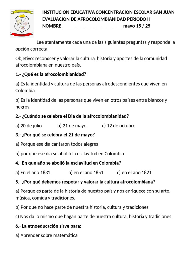 Evaluación de Afrocolombianidad Escolar | PDF
