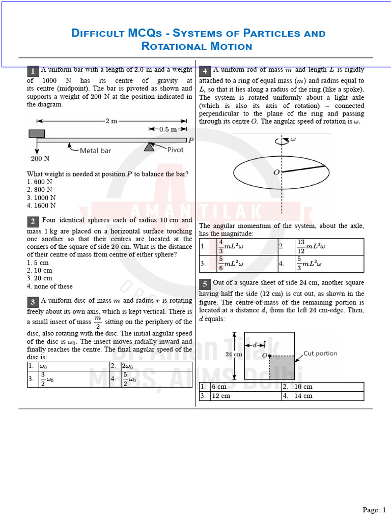 6_Difficult_MCQs_Systems_of_Particles_and_Rotational_Motion | PDF | Rotation Around A Fixed Axis ...