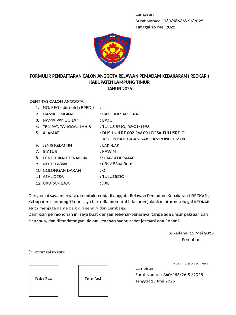 Formulir Pendaftaran Calon Anggota Relawan Pemadam Kebakaran | PDF
