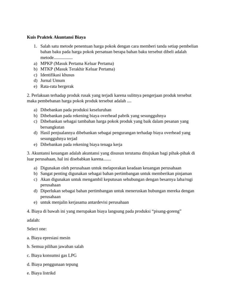 KUIS Praktek Akt Biaya 1 | PDF