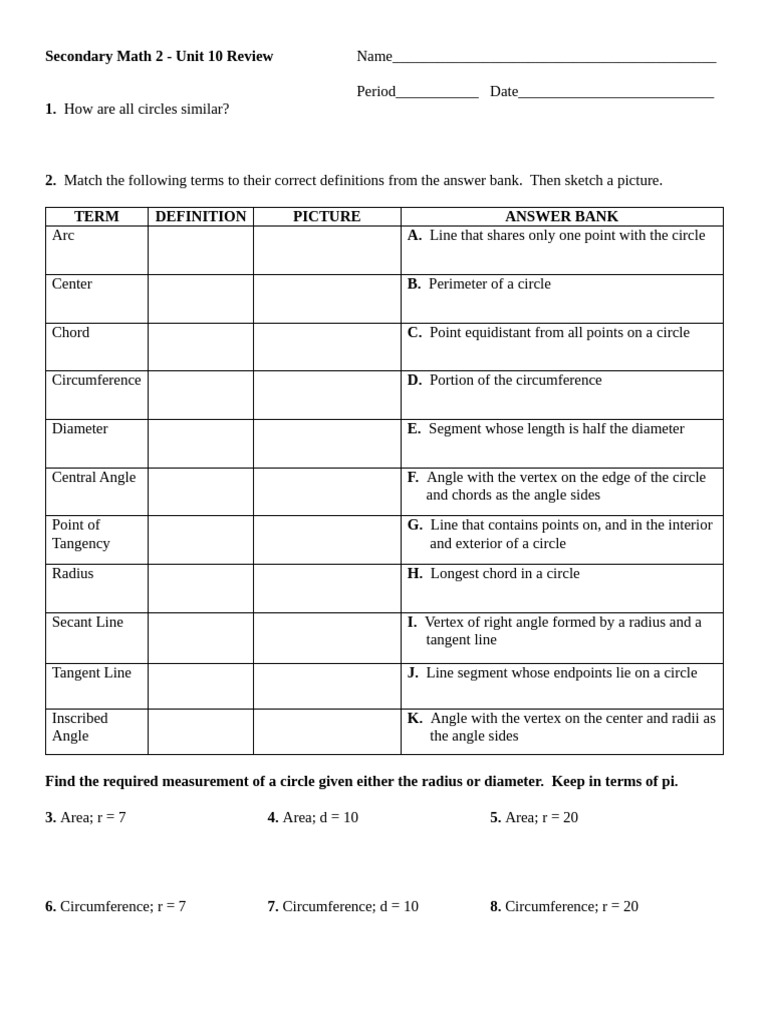 Secondary Math 2: Circle Concepts Review | PDF | Circle | Area
