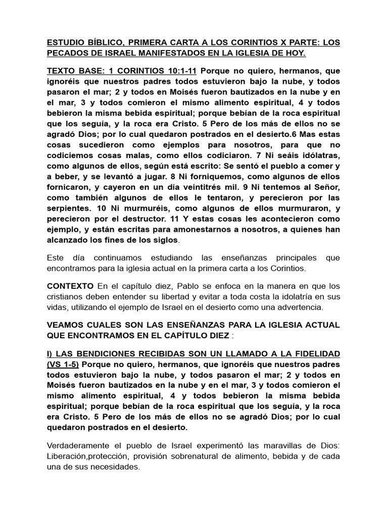 Estudio Biblico Primera Carta A Los Corintios X Parte - Los Pecados de Israel Manifestados en La ...