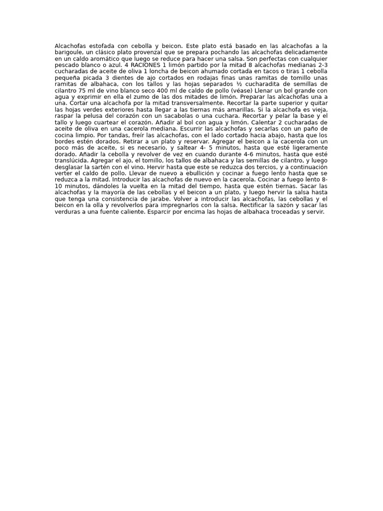 Alcachofas Estofada Con Cebolla y Beicon | PDF
