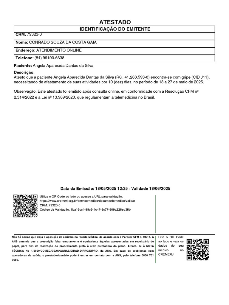 Atestado Médico para Gripe - Telemedicina | PDF