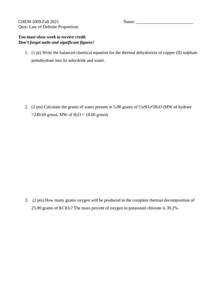 Practice Quiz +Definite Proportions | PDF