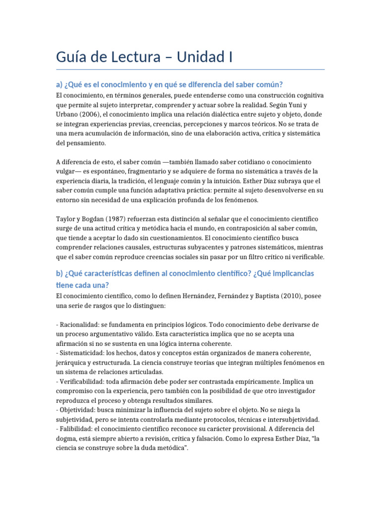 Guía de Lectura Unidad I - Completa | PDF | Conocimiento | Experiencia
