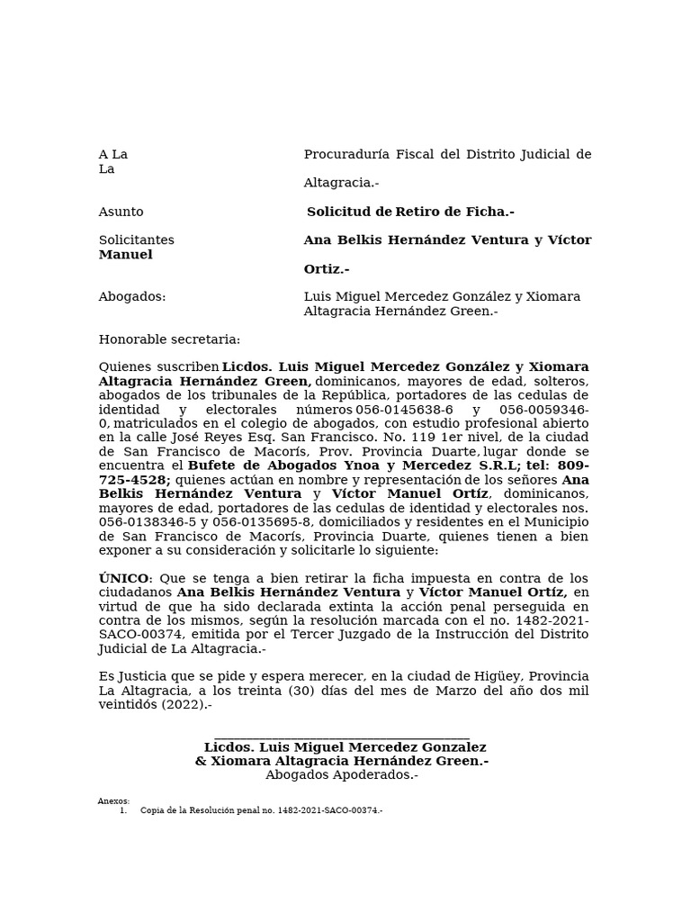 Solicitud de Retiro de Ficha - Ana Belkis Hernandez Ventura VS Victor Manuel Ortiz | PDF