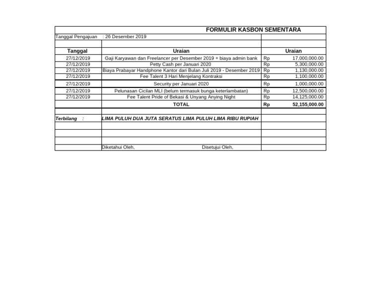 Form Kas Bon Sementara 26 Des 2019 | PDF