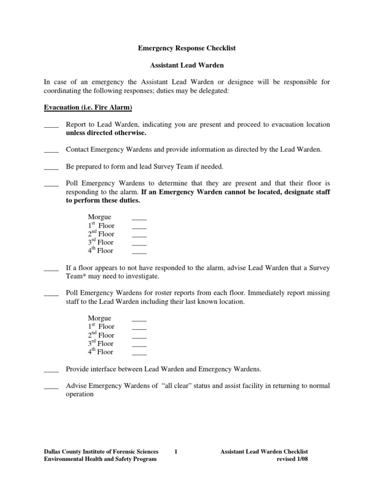 Assistant Lead Warden Emergency Checklist | PDF | Emergency | Emergency ...