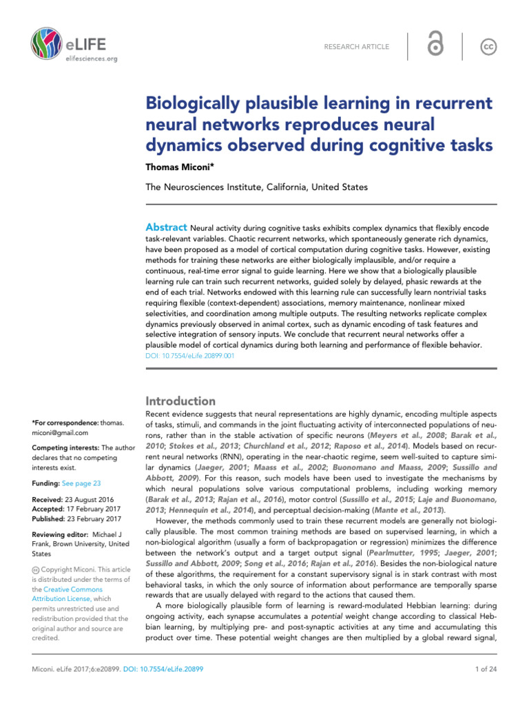 Biologically Plausible Learning in RNNs | PDF | Nervous System ...