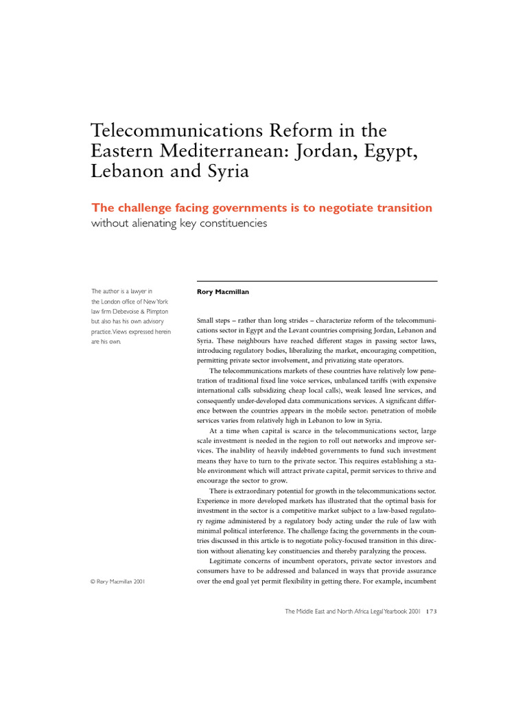 Telecom Reform in Eastern Mediterranean | PDF | Jordan | Telecommunications