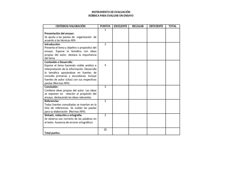 Rúbrica para Evaluar Un Ensayo | PDF
