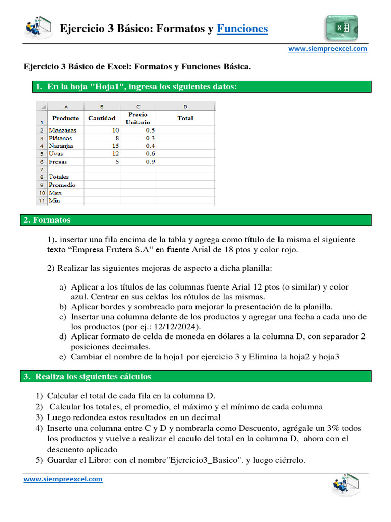 Ejercicio Básico de Excel: Formatos y Funciones | PDF