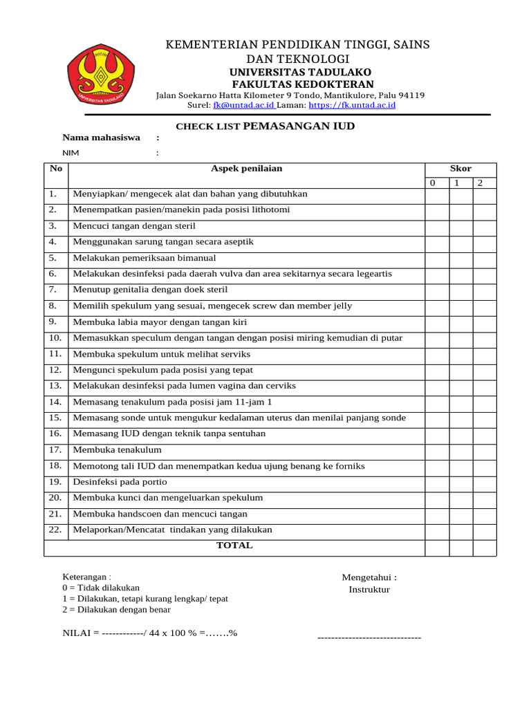 Checklist Pemasangan IUD Mahasiswa | PDF