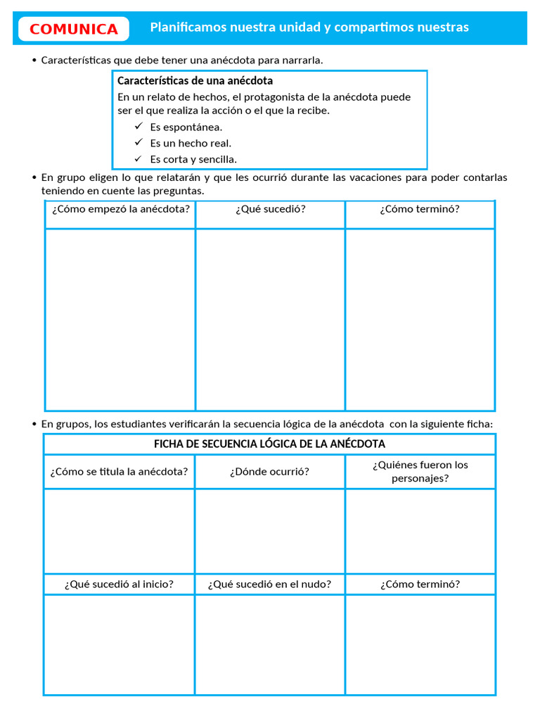 D1 A1 FICHA COM. Planificamos Nuestra Unidad y Compartimos Nuestras "Anécdotas. | PDF