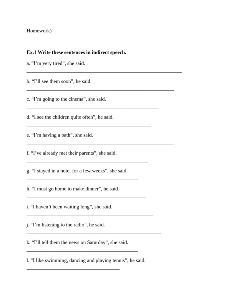 Indirect Speech Homework Exercises | PDF
