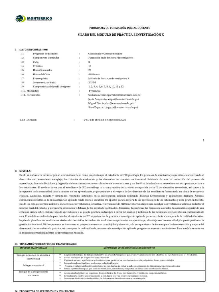 Silabo Del Módulo X Mat 2025 - I - PRÁCTICA E INVESTIGACIÓN | PDF | Evaluación | Aprendizaje