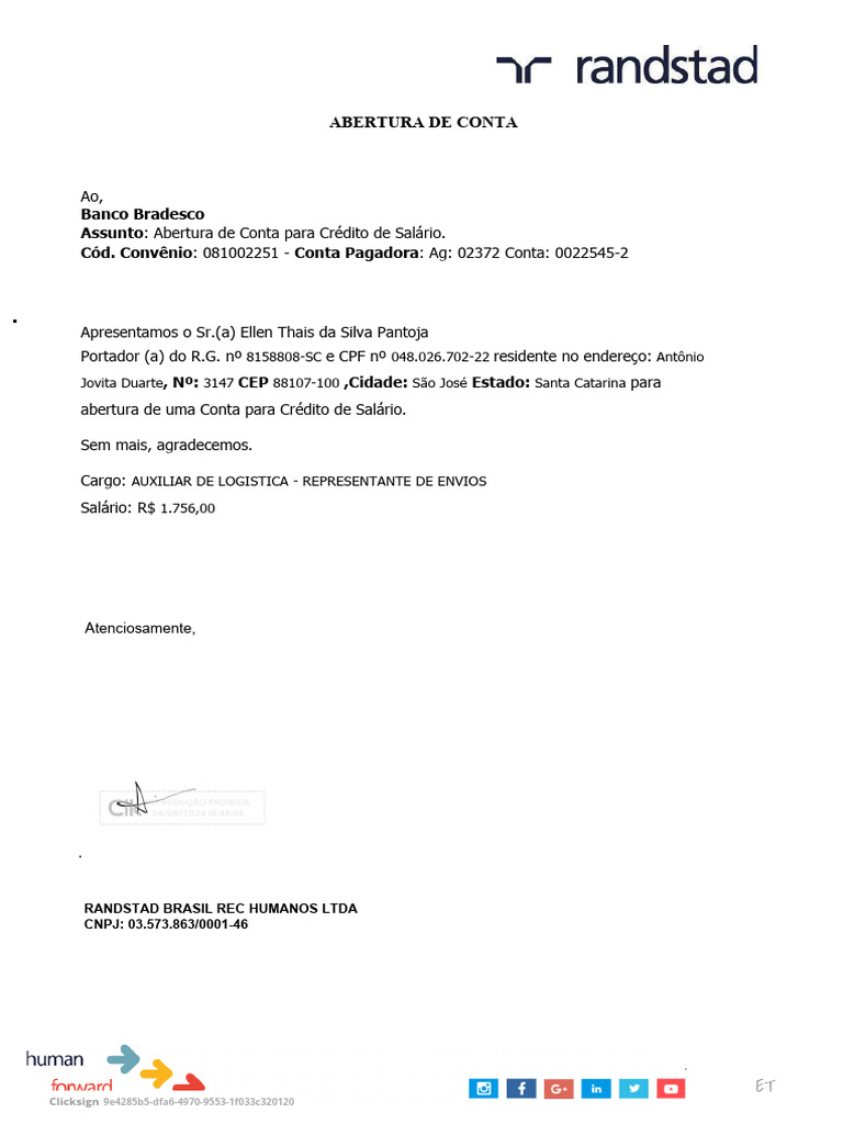Carta de Abertura Bradesco - Doc - Clicksign | PDF