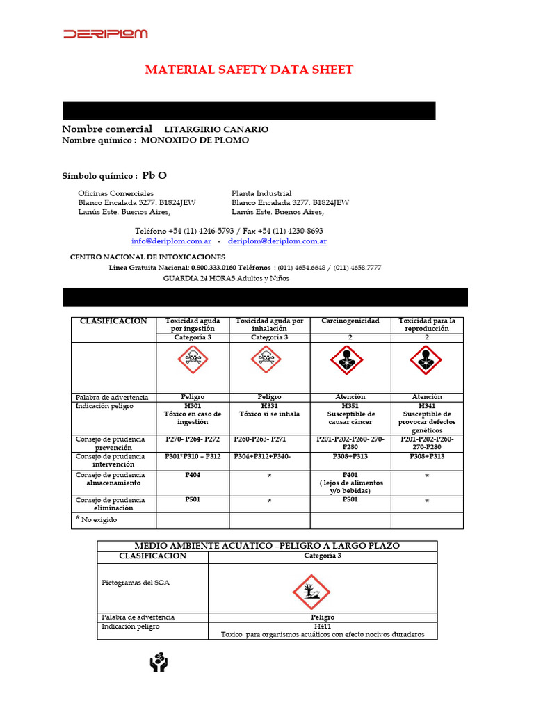 FDS Litargirio | PDF | Agua | Contaminación