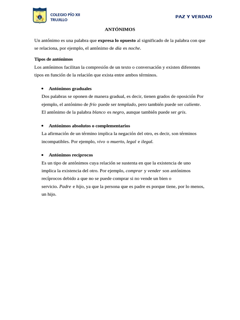 Tipos de Antónimos y Ejemplos | PDF