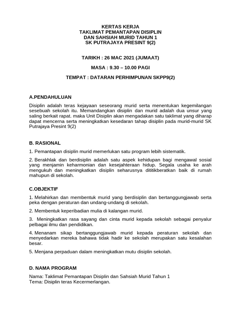 Taklimat Disiplin Murid Tahun 1 SKPP9(2) | PDF