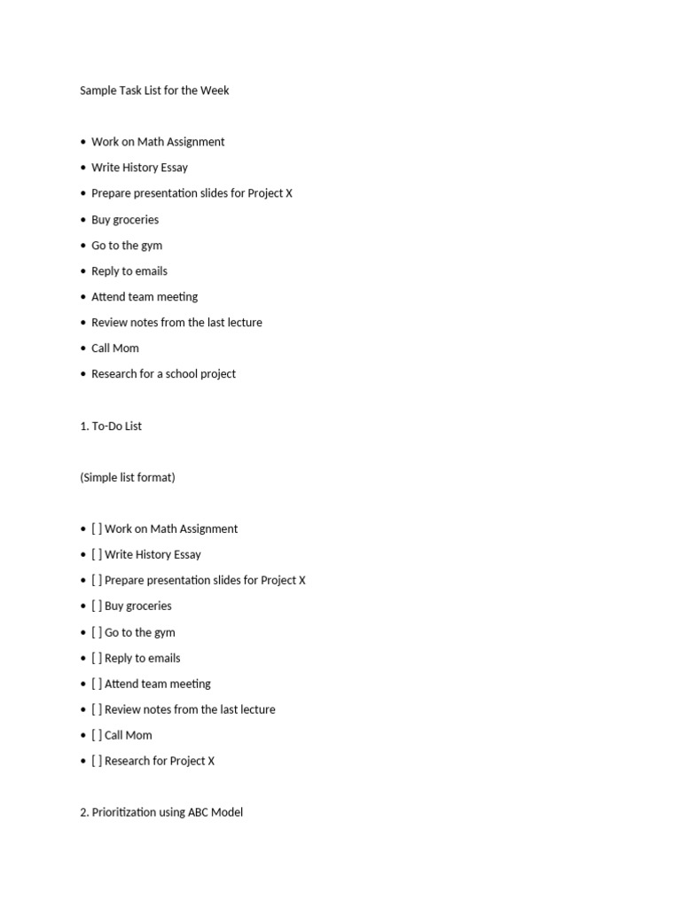 Sample Task List For The Week | PDF