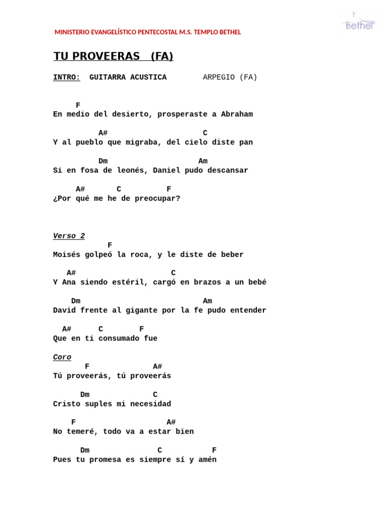 Letra de "Tú Proveerás" - Templo Bethel | PDF