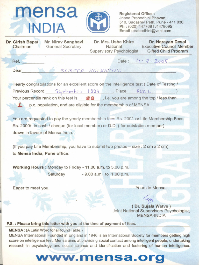 Sample Mensa Certificate 0001 | PDF