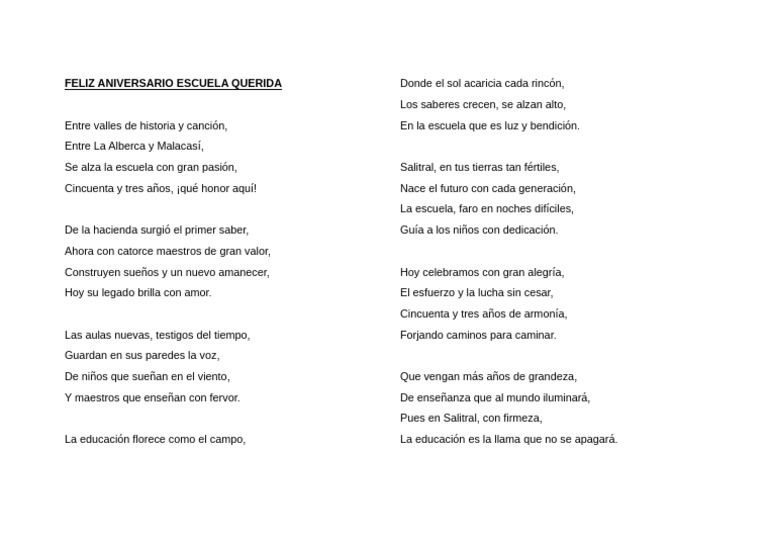 Feliz Aniversario Escuela Querida | PDF