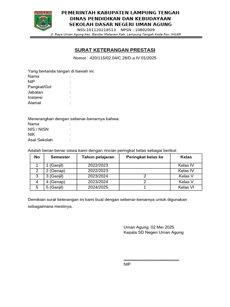 Surat Keterangan Siswa Berprestasi | PDF