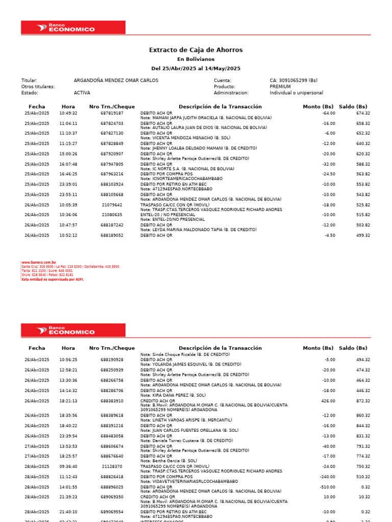 Extracto de Caja Ahorros Omar Argandoña | PDF