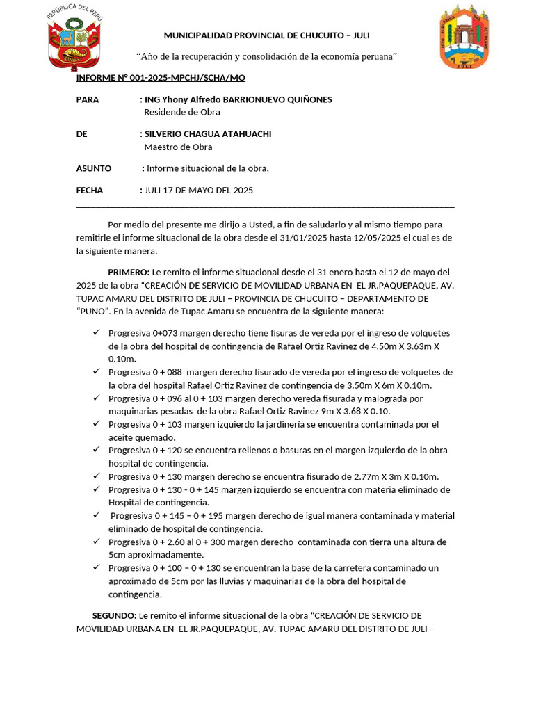 Informe Municipalidad Provincial Chucuito Juli | PDF