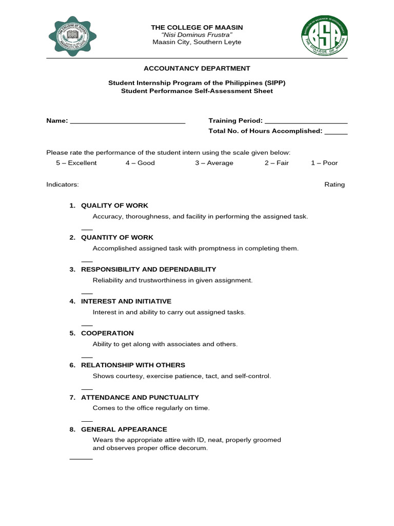 Student Performance Self Assessment Sheet | PDF
