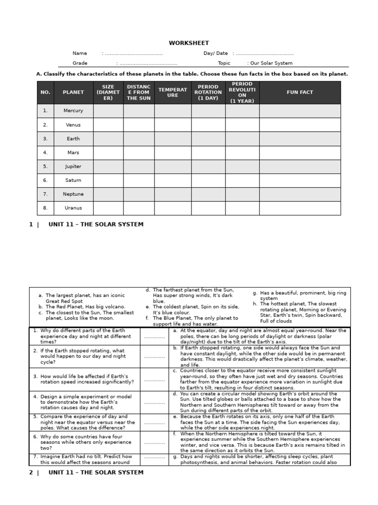 Worksheet PM Unit 11 - The Solar System | PDF | Planets | Eclipse