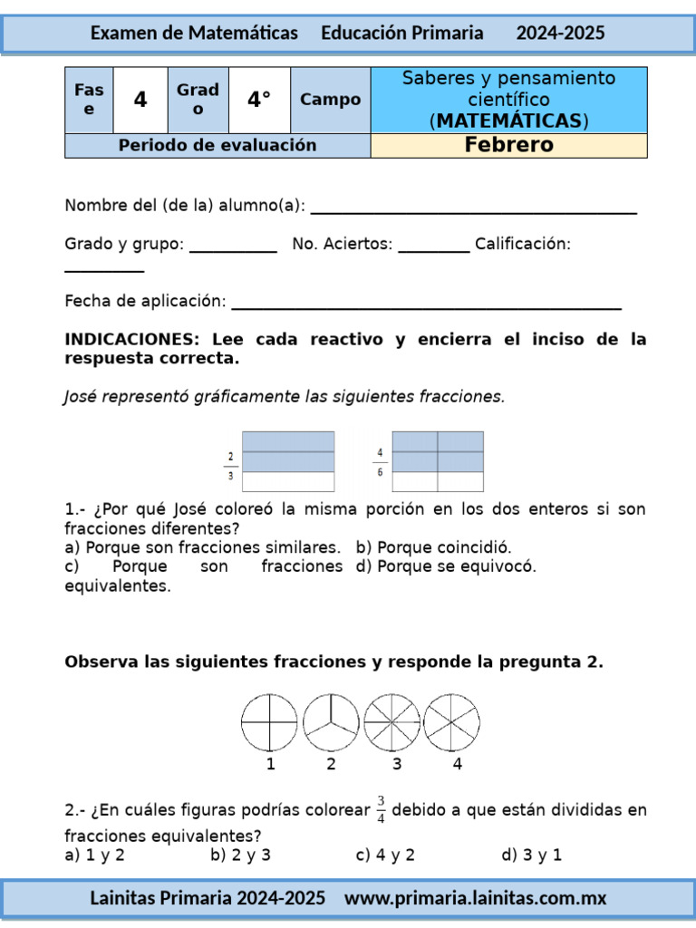 4to Grado Febrero - 10 Matemáticas Examen (2024-2025) | PDF